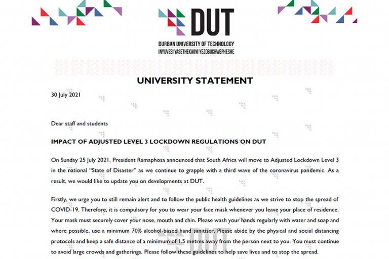 DUT Statement: 30 July 2021 – Update on the Teaching & Learning Plan ...